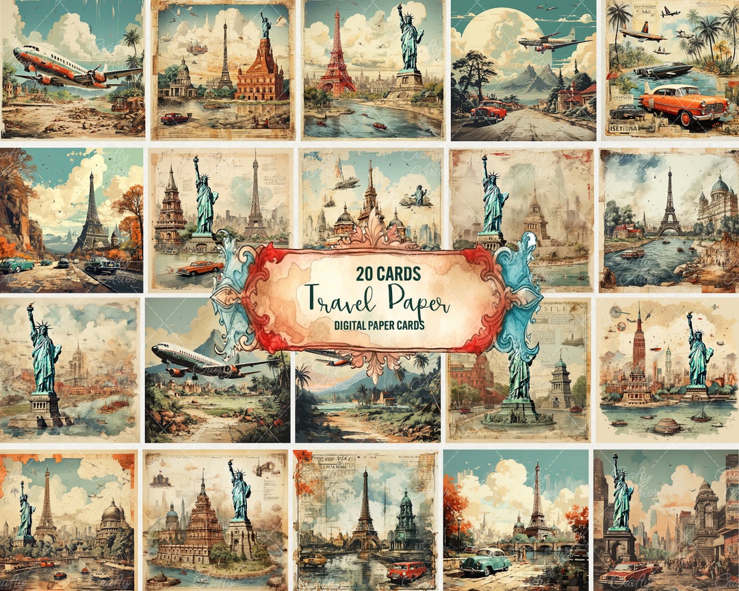 Digital Retro Travel Paper 20 Cards Digital Vintage Poster Paper Craft ...