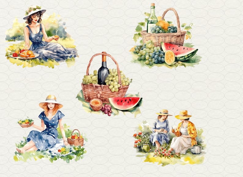 Watercolor Summer Picnic Clipart 34 Png Picnic Basket Garden - Etsy