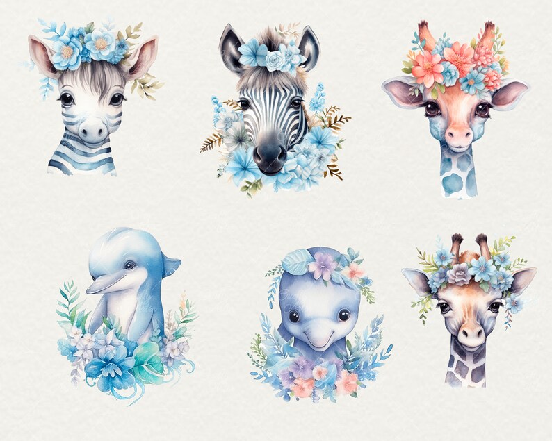 Watercolor Boho Animals Clipart: 40 PNG Pastel Blue Floral Designs - Etsy