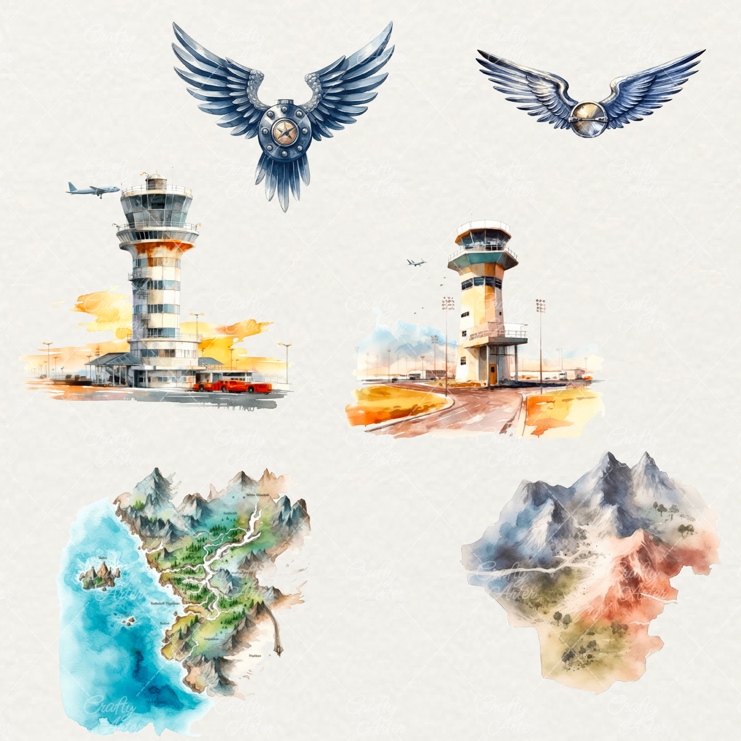 Watercolor Pilot Clipart Bundle: 38 PNG Aviation Art (commercial Use ...