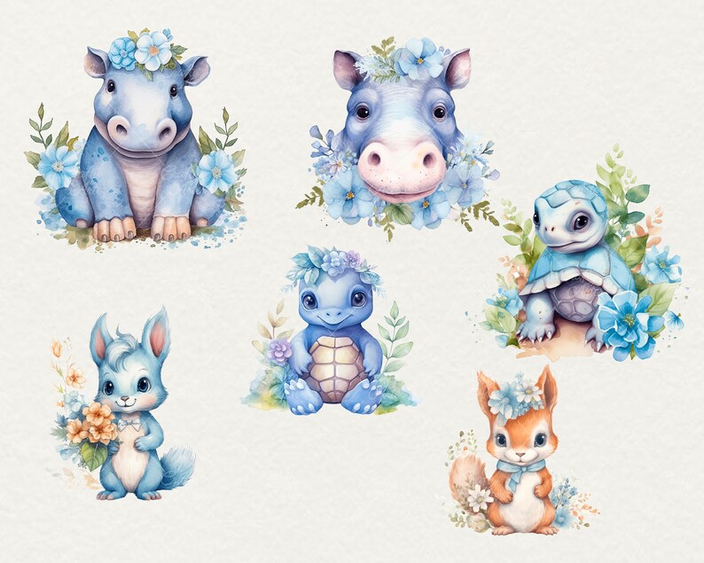 Watercolor Boho Animals Clipart: 40 PNG Pastel Blue Floral Designs - Etsy