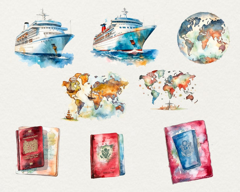 Watercolor Travel Clipart: 72 PNG Summer Vacation Graphics (commercial ...