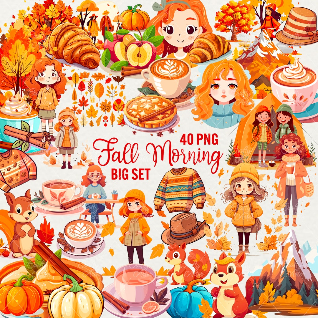 Autumn Morning Fall Clipart, 40 PNG Watercolor Autumn Illustration ...