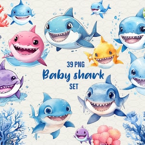 Baby Shark Clipart, Watercolor Baby Shark Birthday Party, 39 PNG Baby ...