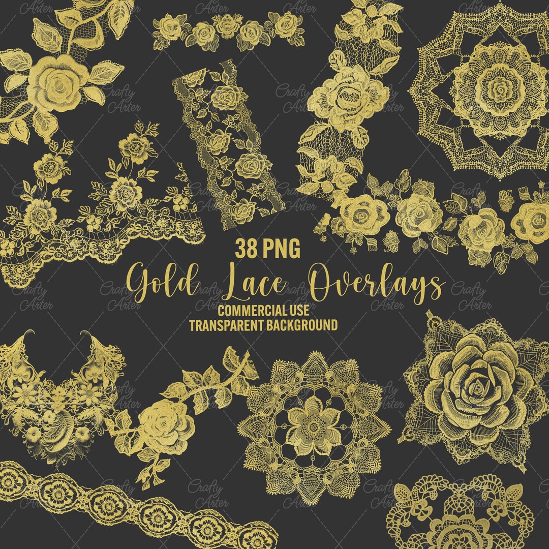 Gold Lace Overlays Clipart, 38 Png Lace Ornate Embellishments, Golden ...
