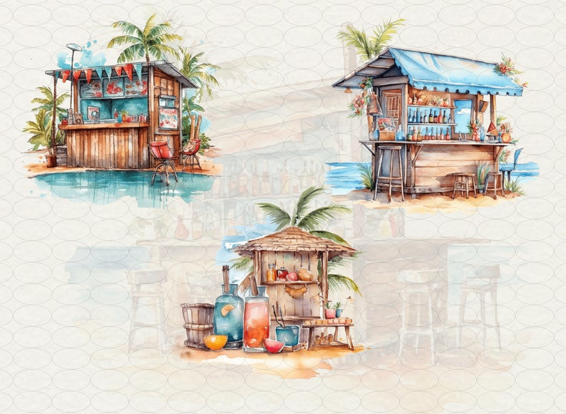 Watercolor Beach Bar Clipart: Tropical Island PNG Set - Etsy