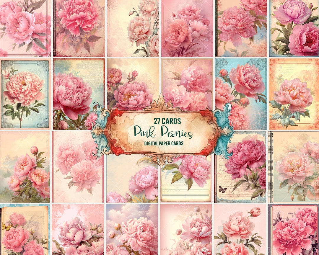 Pink Peonies Vintage Paper: 27 Cards for Junk Journals (digital Paper ...