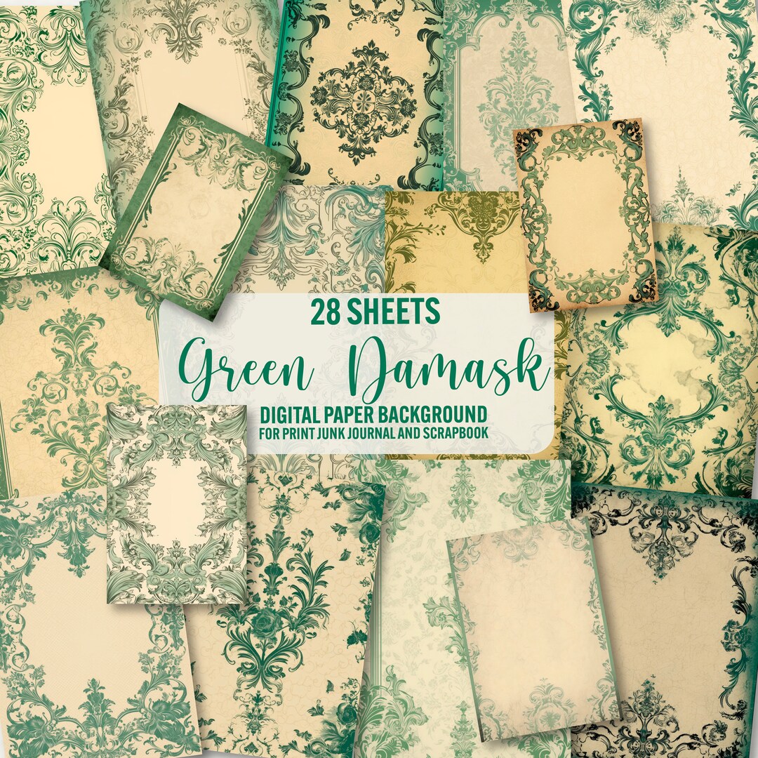 Green Damask Digital Paper, 28 Printable Damask Cards, Digital Vintage ...