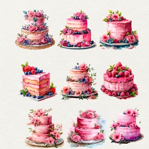 Watercolor Pink Cakes Clipart, 30 PNG Birthday Cake, Elegant Wedding ...
