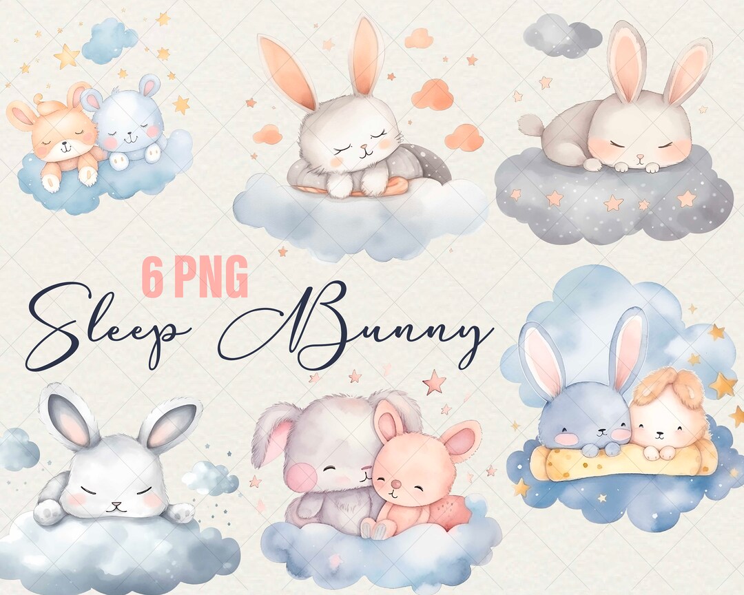 Cute Bunny Watercolor Clipart Bunny Sleep 6 PNG, Bunny Stickers Sleep ...