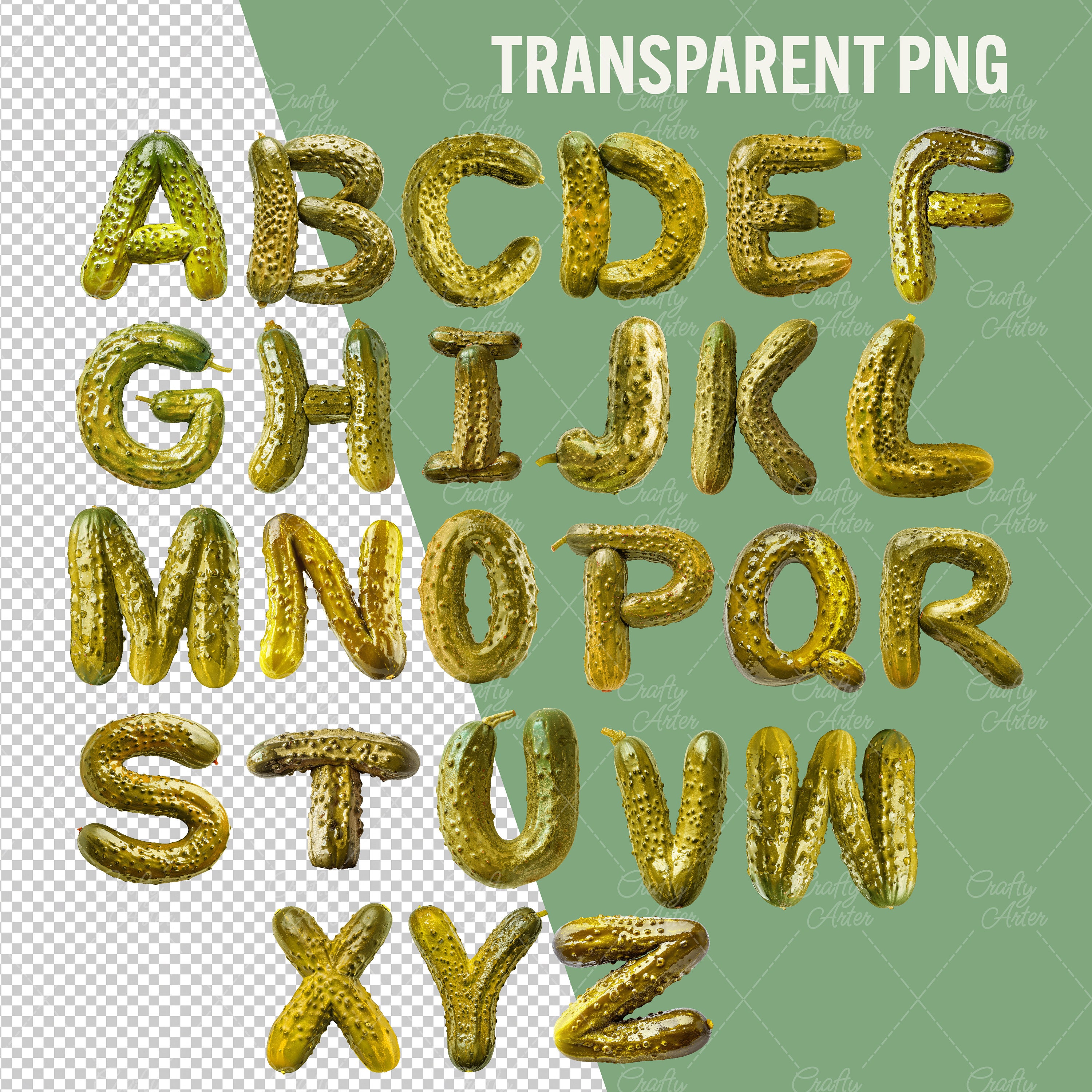 Pickle Alphabet Clipart: 36 PNG Pickle Font, Letters, Numbers (digital ...