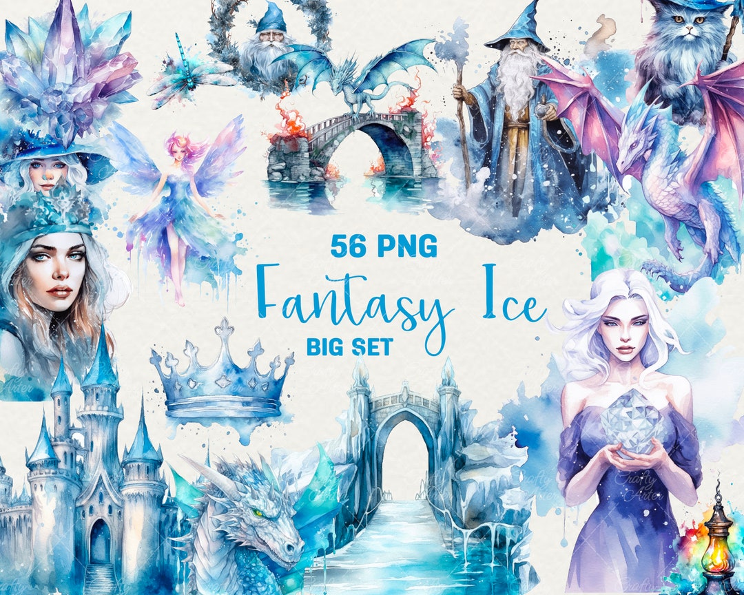 Ice Princess Clipart, 56 PNG Watercolor Ice Fantasy Ice Dragon, Fairy ...