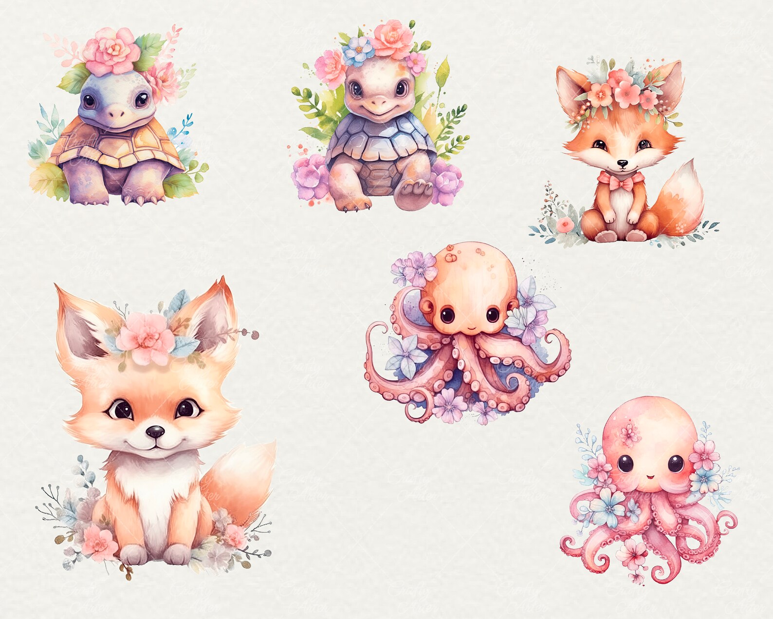 Watercolor Boho Animals Clipart: 40 PNG Pastel Pink Floral Designs - Etsy