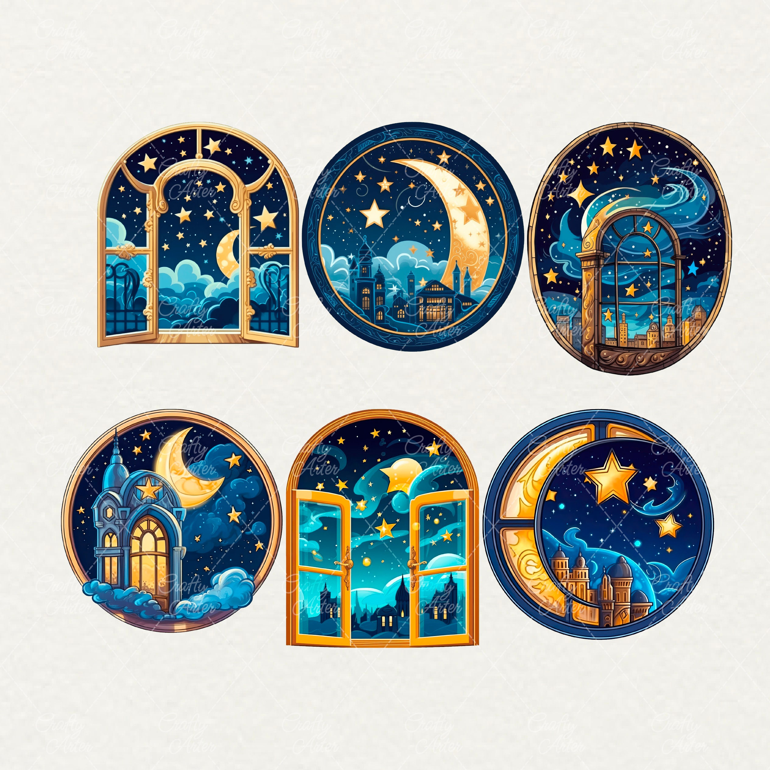 Celestial Windows Clipart Bundle: Moon & Stars Cartoon Graphics ...