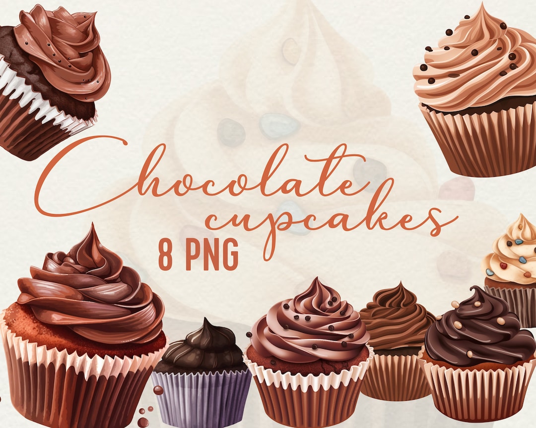 Chocolate Cupcakes Clipart Set, 8 PNG Cupcakes, Happy Birthday Card ...
