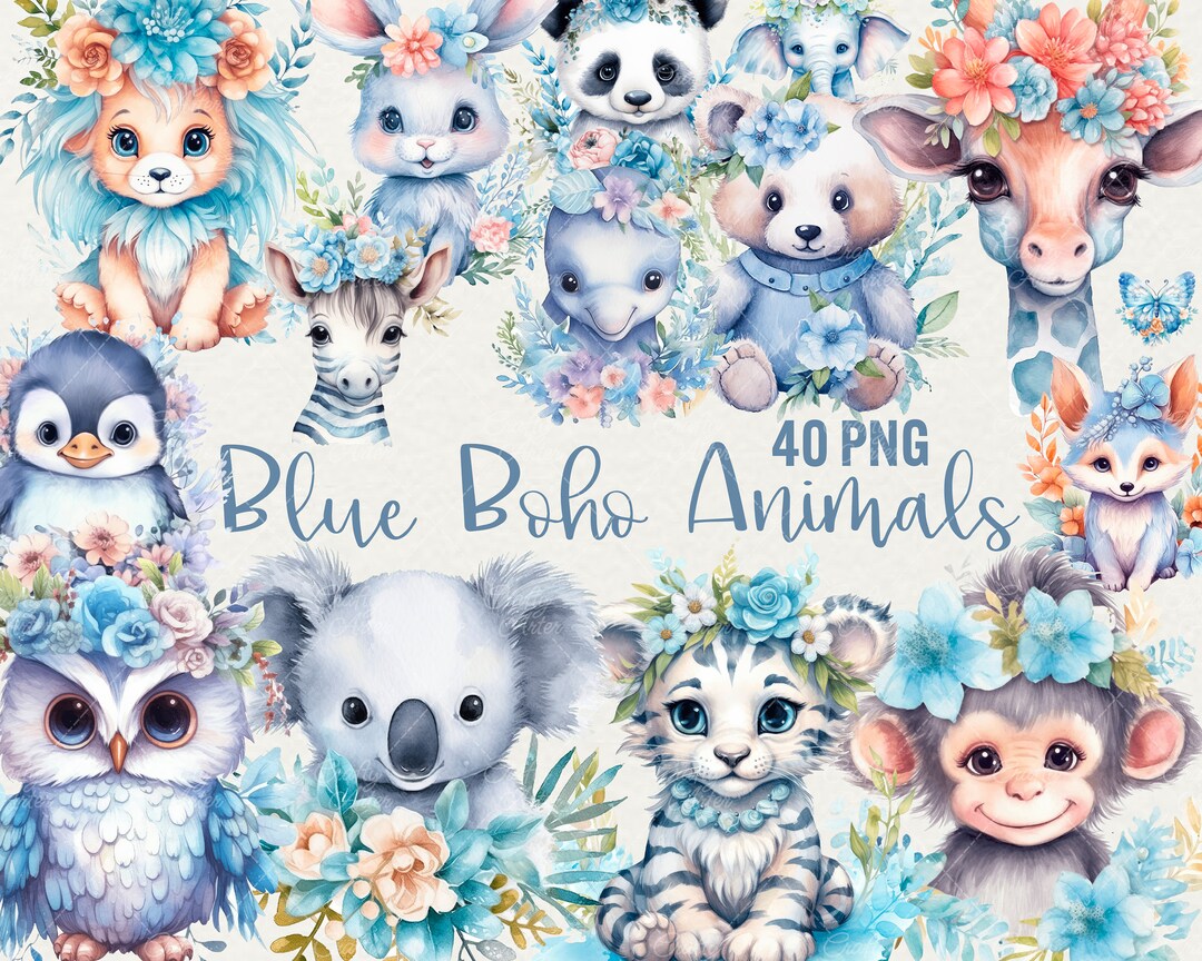 Watercolor Boho Animals Clipart, 40 PNG Pastel Blue Baby Clipart Boho ...