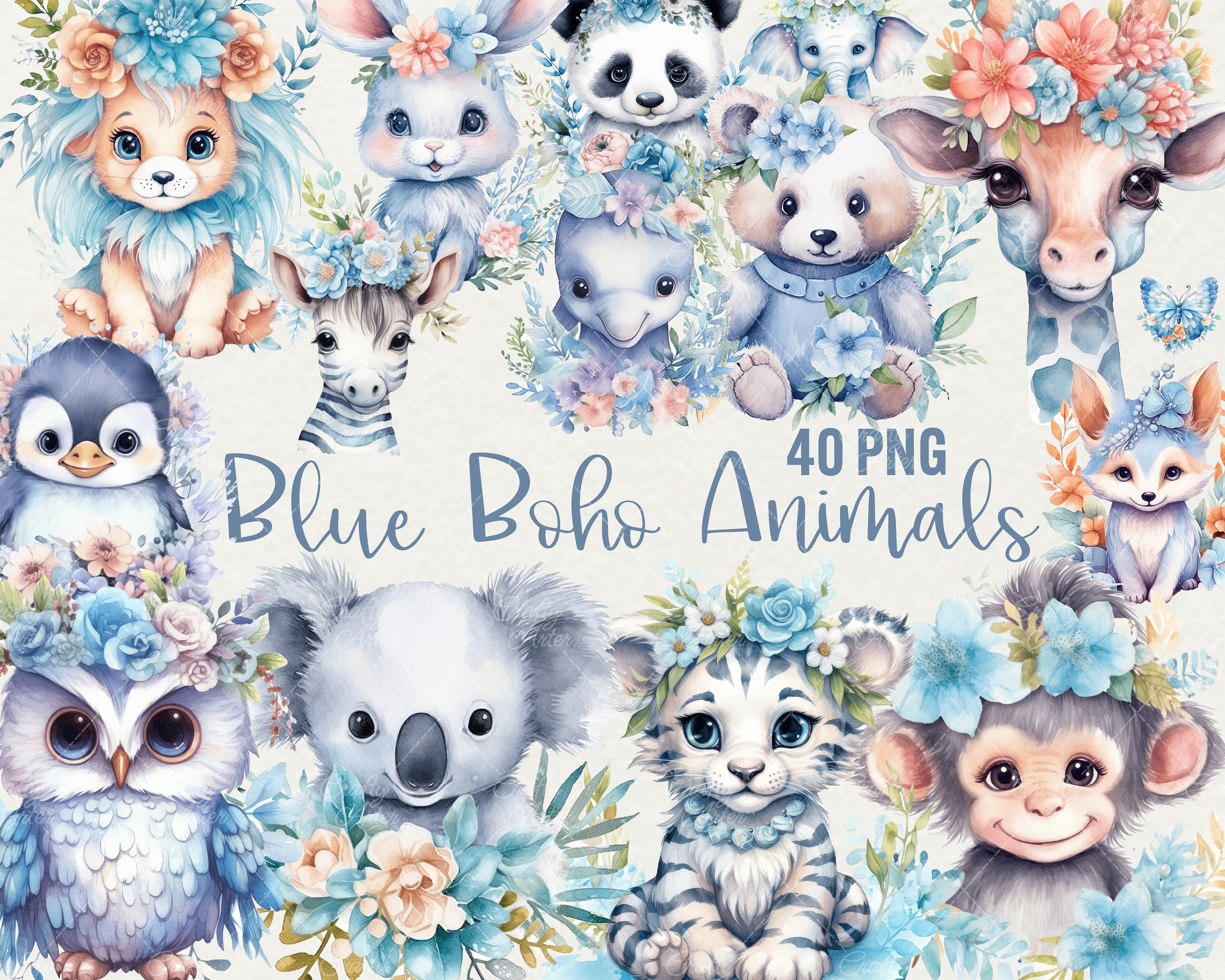 Watercolor Boho Animals Clipart: 40 PNG Pastel Blue Floral Designs - Etsy