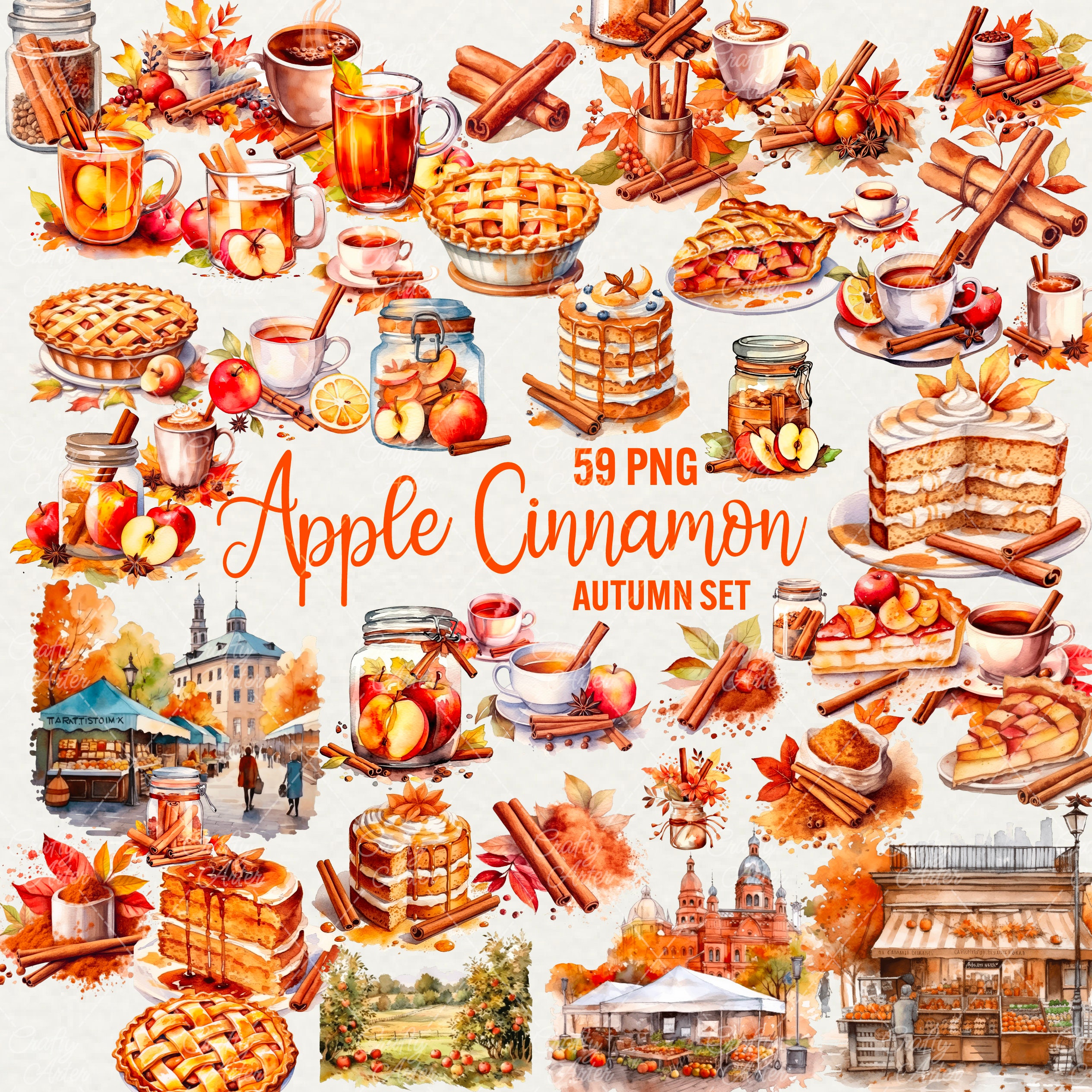 Watercolor Autumn Apple Clipart: 59 PNG Cinnamon Spice Illustrations ...
