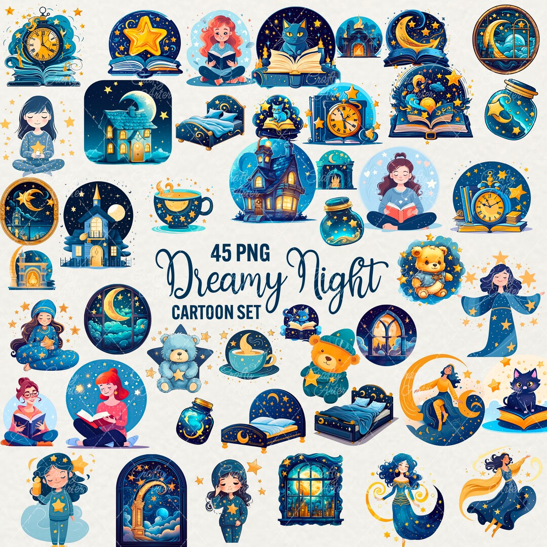 Dreamy Night Clipart Bundle, 45 PNG Cartoon Illustration, Fantasy ...