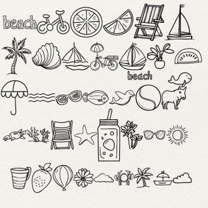 Beach Doodle Clipart Bundle, Summer Line Art PNG SVG, Coastal ...