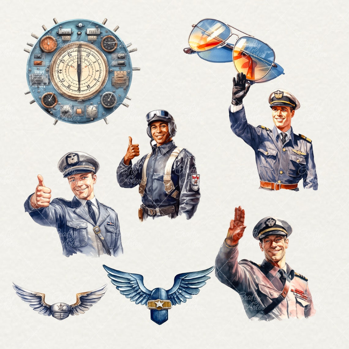 Watercolor Pilot Clipart Bundle: 38 PNG Aviation Art (commercial Use ...
