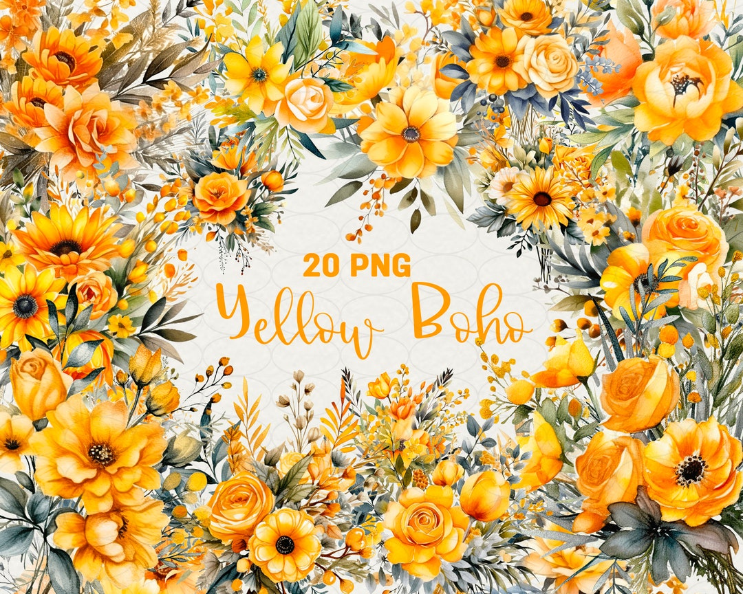 Watercolor Yellow Boho Flowers Clipart, 20 PNG Watercolor Boho Bouquet ...