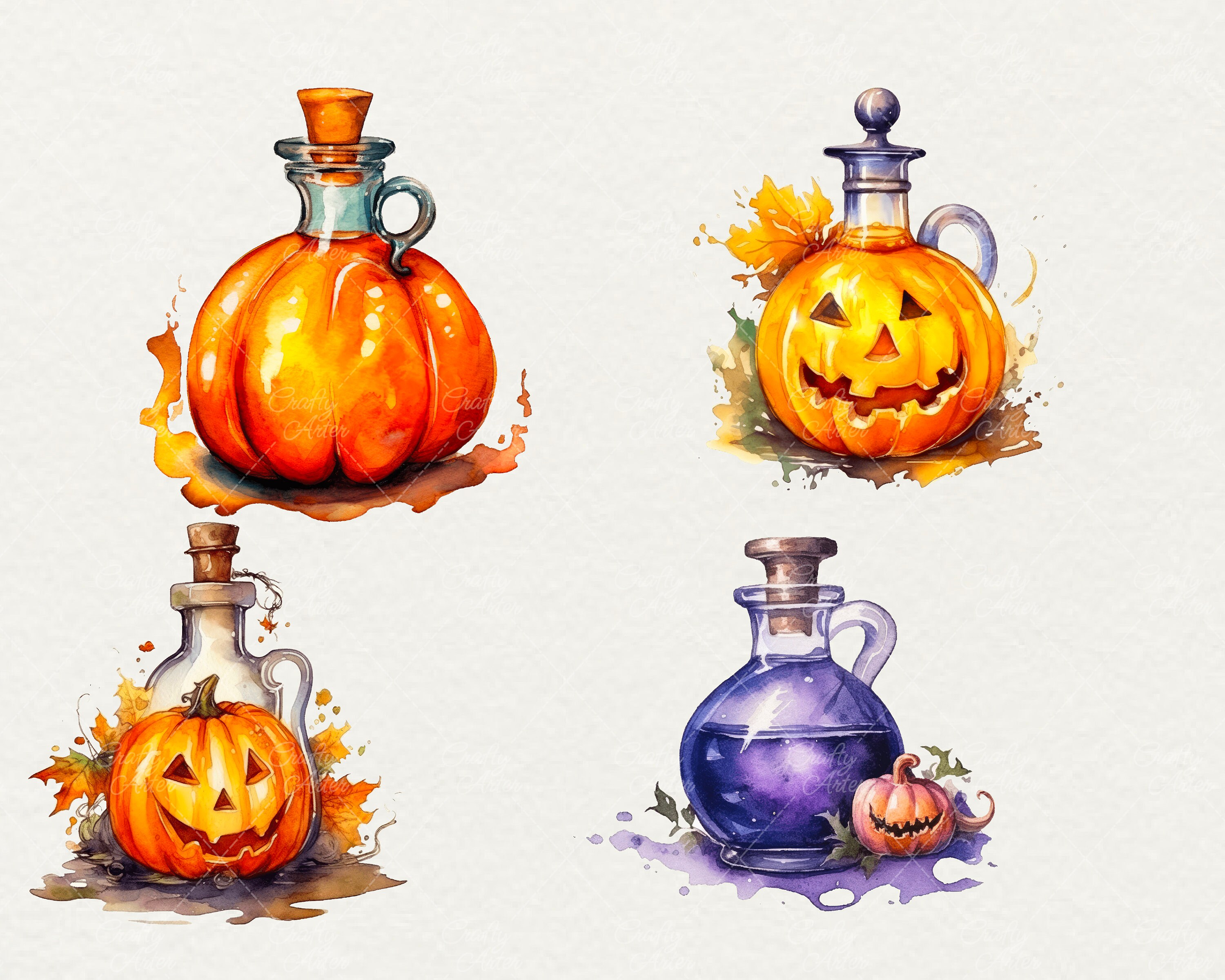 Watercolor Halloween Potion Clipart: 26 PNG Wizard Graphics (commercial ...