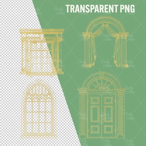Doors and Windows Overlays Clipart, 50 Png Files Gold Architecture Line ...