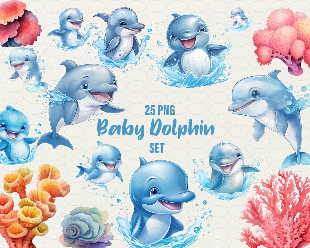 Baby Dolphin Clipart, Watercolor Dolphin Summer Party, 25 PNG Baby ...
