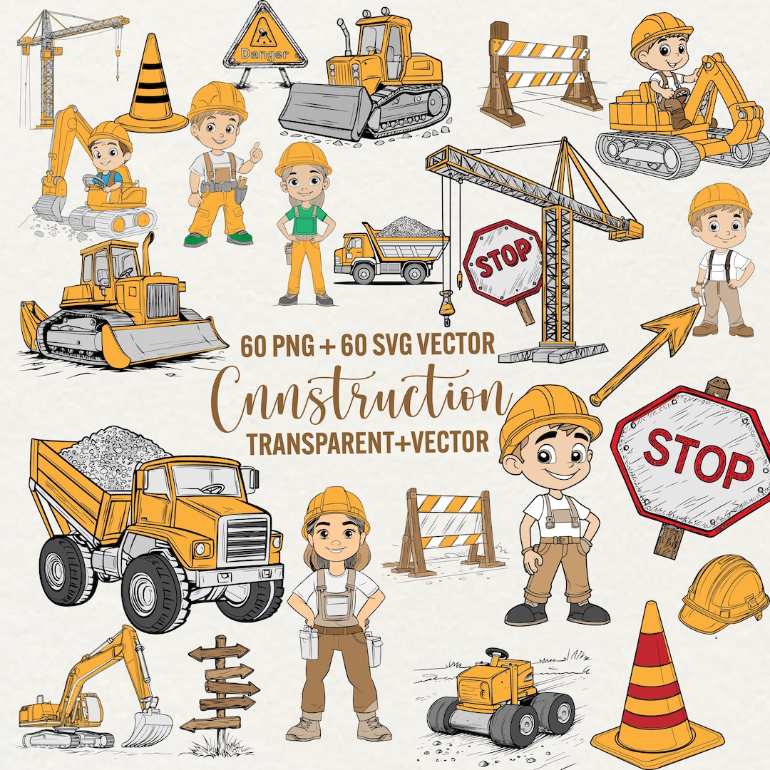 Construction Clipart Bundle: Kids Vehicles & Workers (PNG, SVG, Vector ...