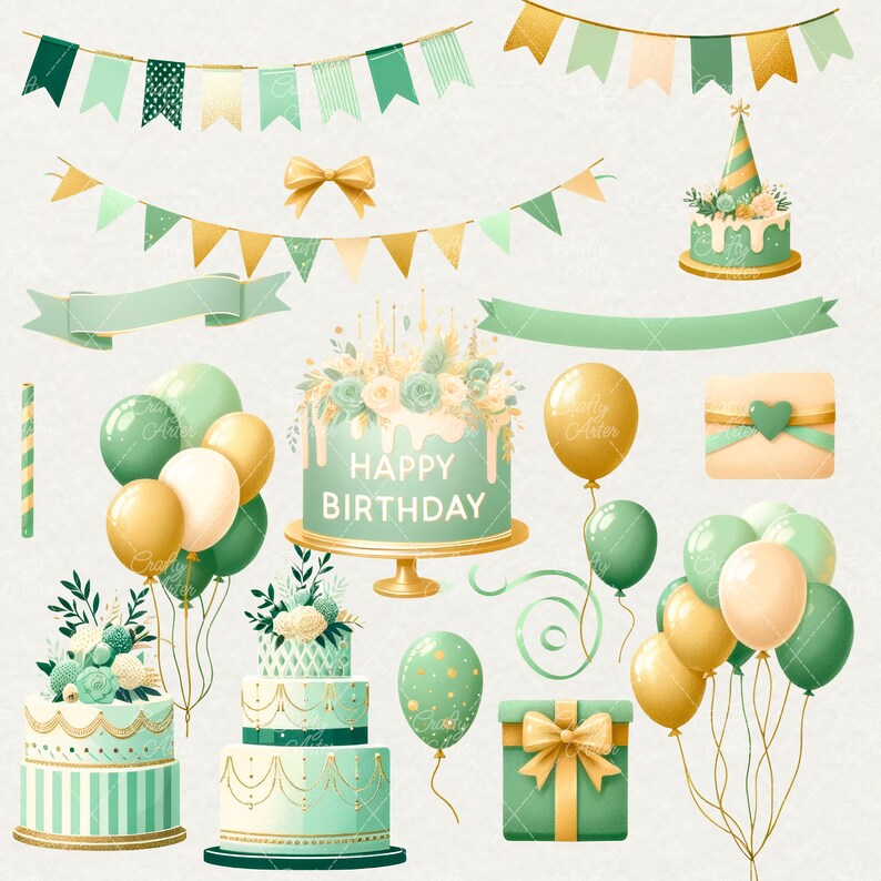 Pastel Green Birthday Clipart: 60 PNG Party Designs (commercial Use) - Etsy
