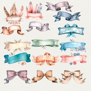 Watercolor Ribbon Labels Clipart, 54 Png Boho Banners, Pastel Bow ...