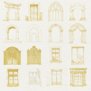Doors and Windows Overlays Clipart, 50 Png Files Gold Architecture Line ...