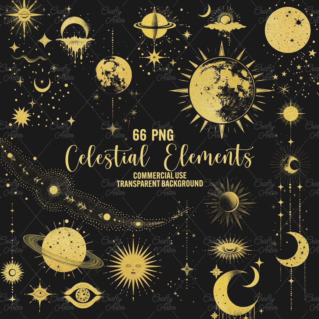 Gold Celestial Clipart: Moon, Sun, Stars - 66 PNG Elements (commercial ...