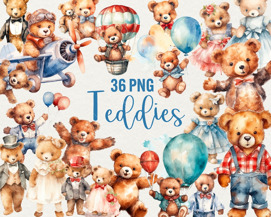 Watercolor Teddy Bears Clipart: 36 PNG Graphics (commercial Use) - Etsy