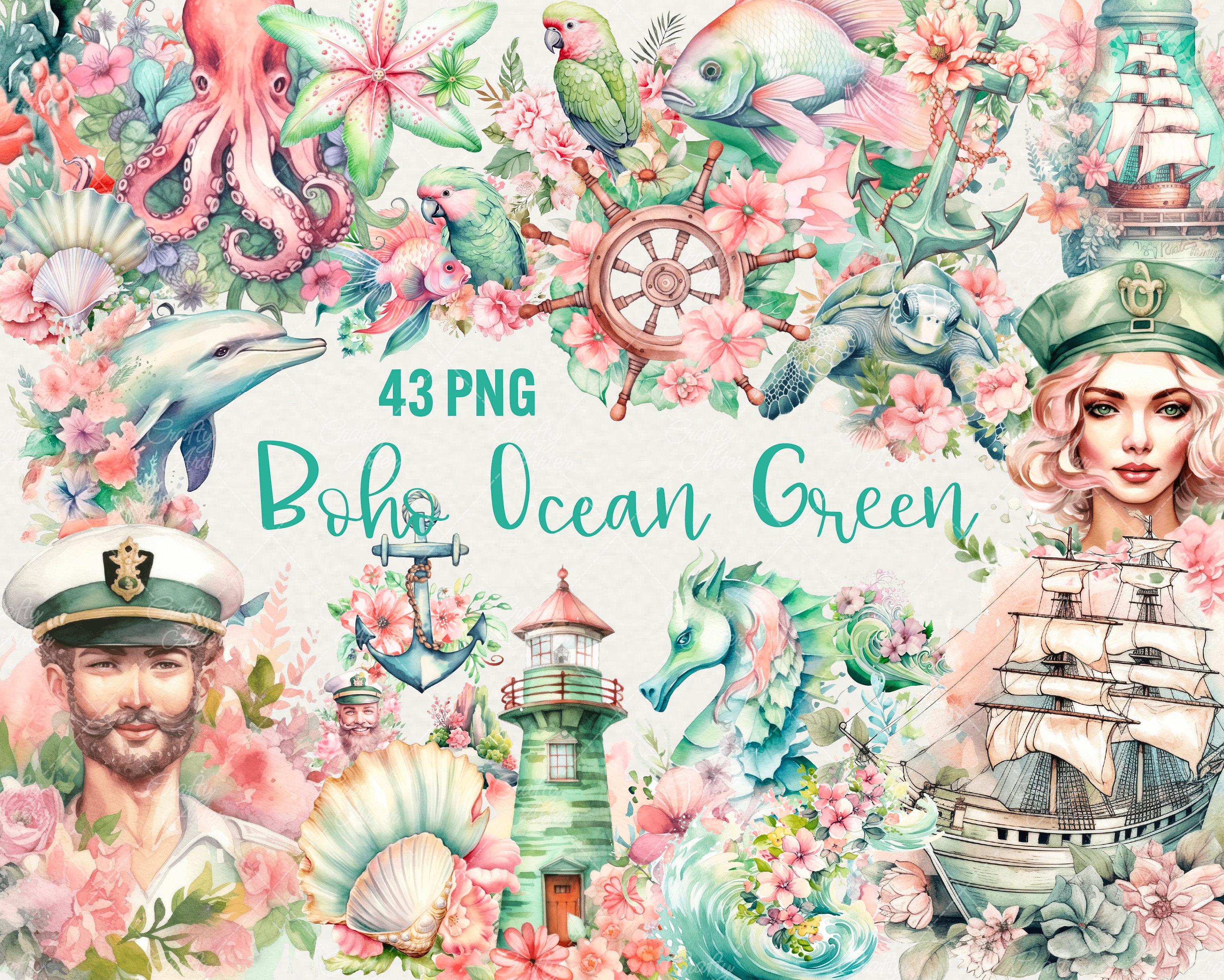 Watercolor Boho Ocean Clipart: Summer Beach PNG Illustrations ...
