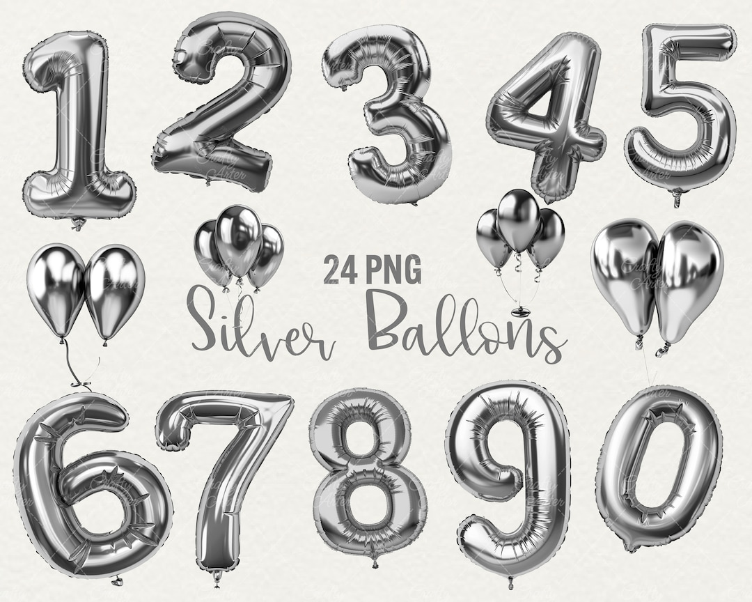 Silver Foil Balloons Clipart, Foil Balloon Numbers Clipart 24 PNG Clip ...