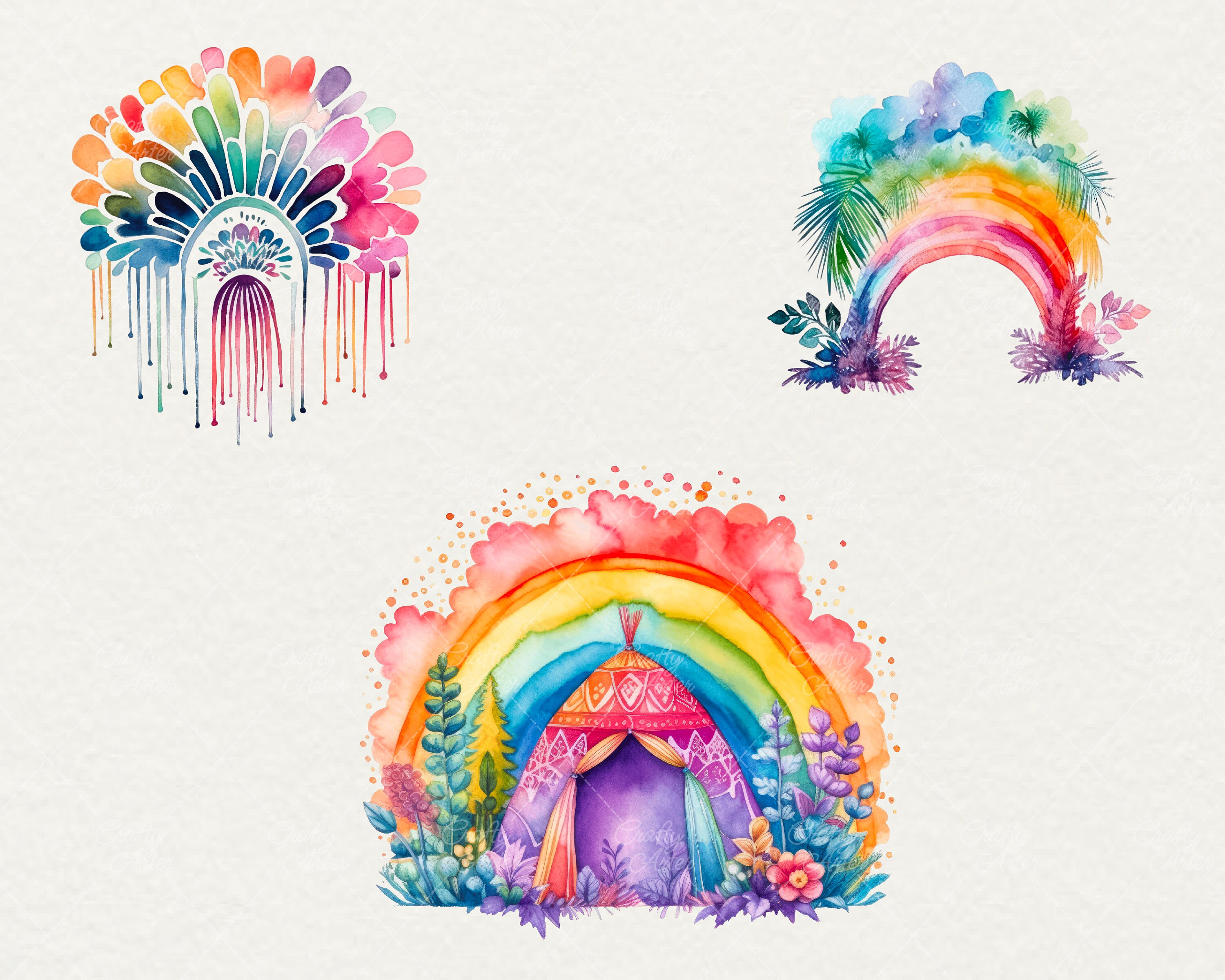 Watercolor Boho Rainbow Clipart: Bright PNG Graphics (commercial Use ...