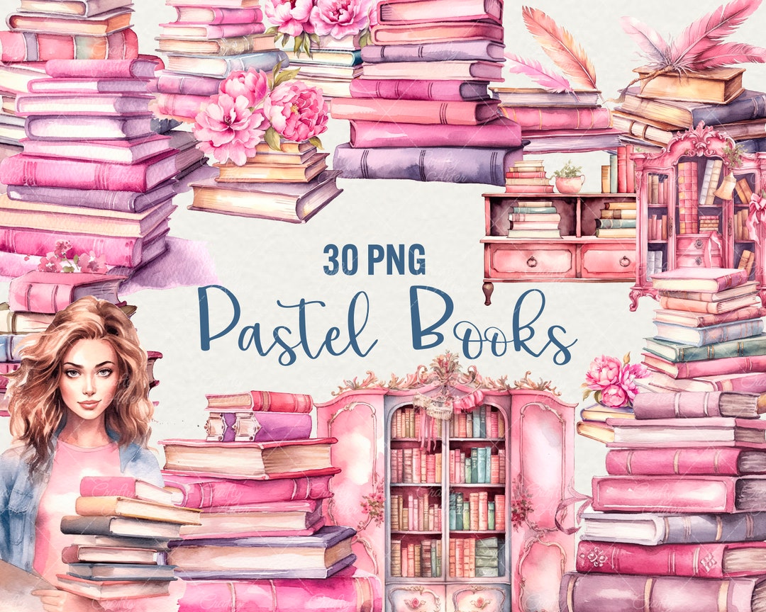 Watercolor Pink Book Clipart: 30 PNG Pastel Vintage Books (commercial ...