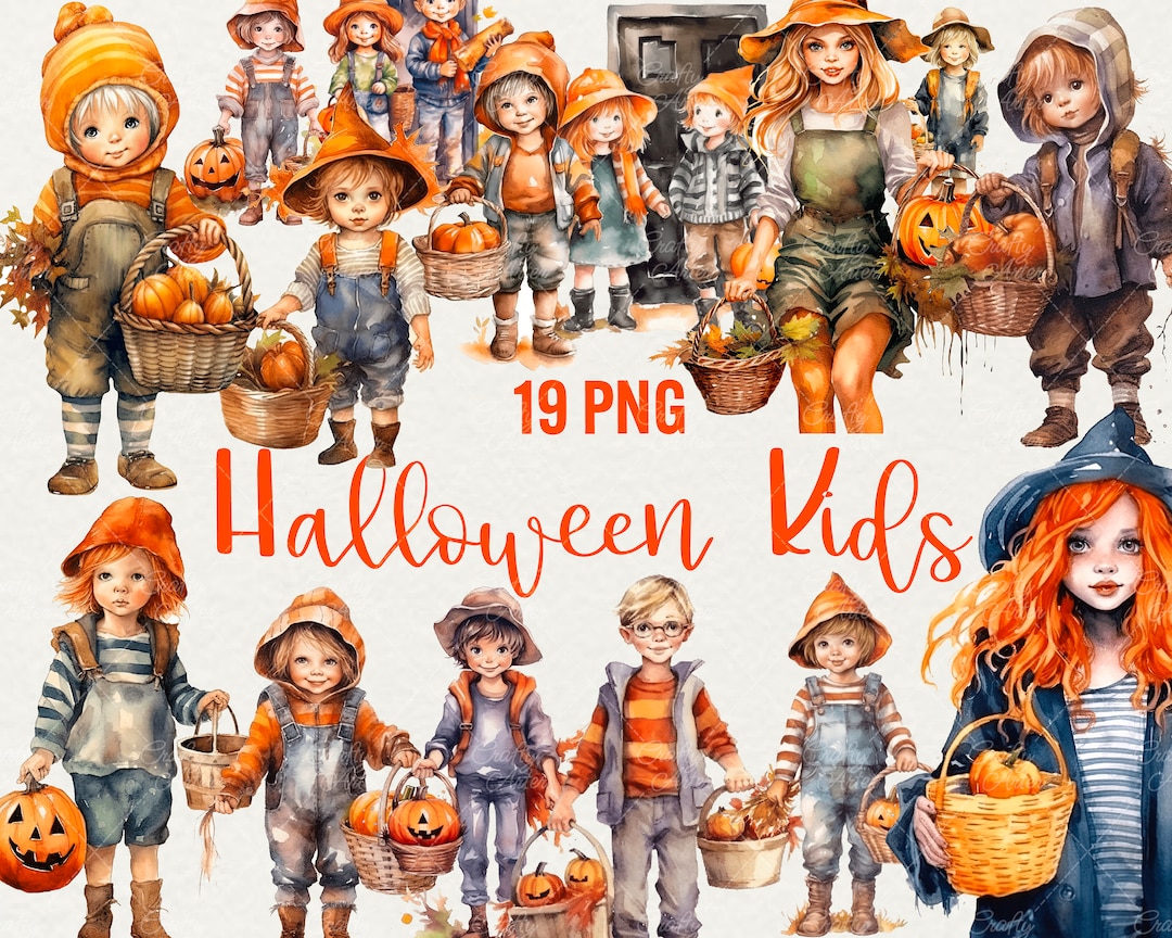Watercolor Cute Kids Clipart, Watercolor Halloween Illustration 19 PNG ...