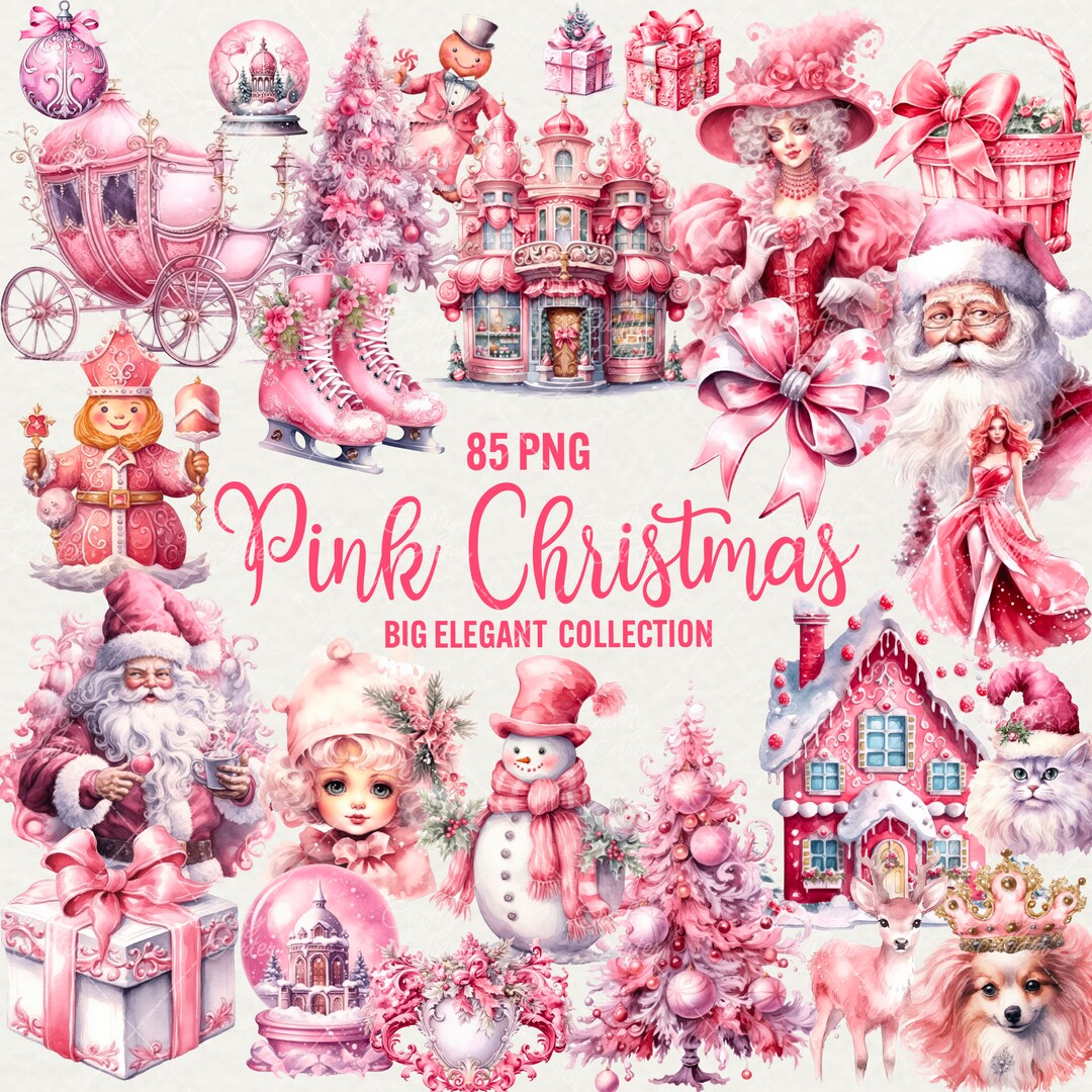 Pink Christmas Clipart Set: Elegant Watercolor Holiday PNG (85 Images ...