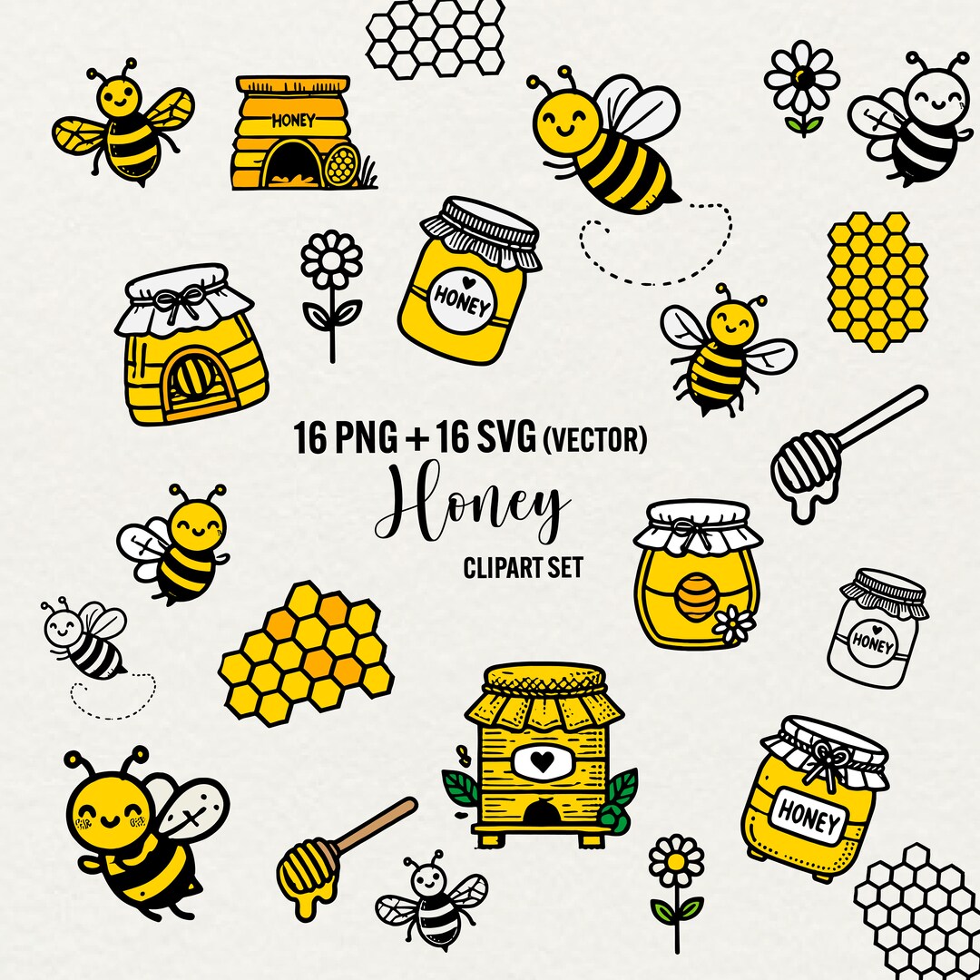 Honey Bee Clipart Set, PNG SVG Vector, Honeycomb Graphics (digital ...