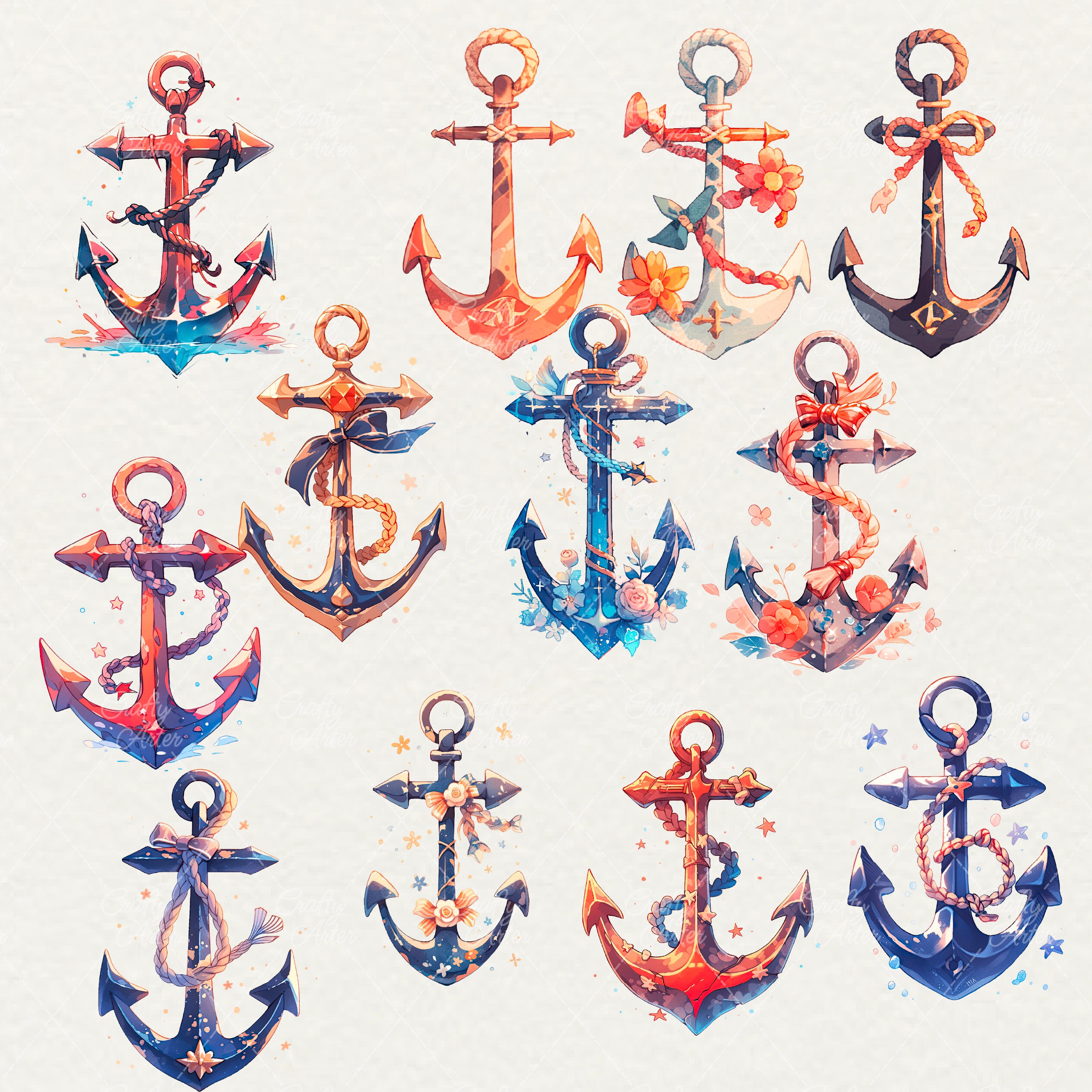 Watercolor Anchor Clipart: 49 PNG Nautical Illustrations (commercial ...