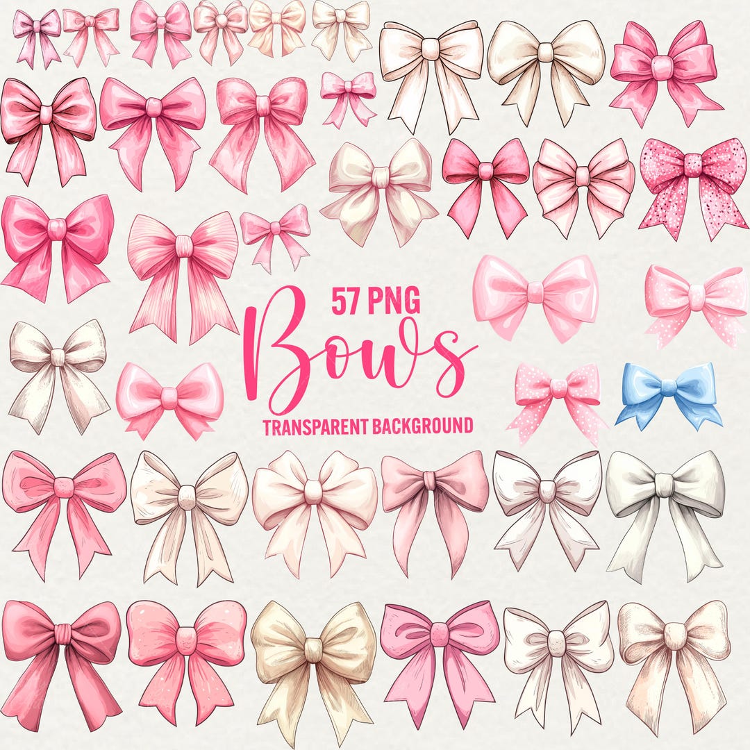 Watercolor Bow Clipart: Pink Ribbon Bows, Scrapbook Graphics (57 PNG ...