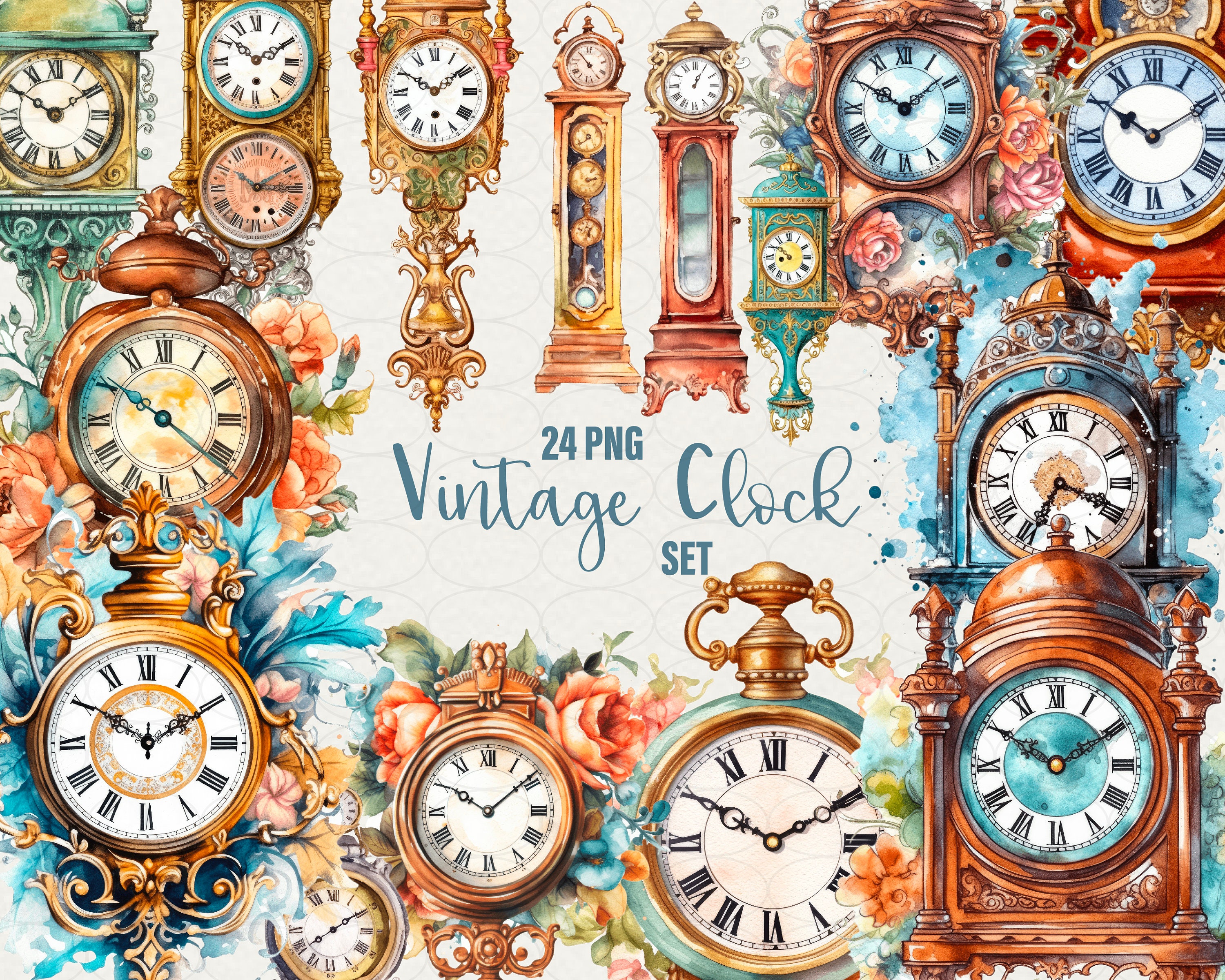 Vintage Clock Clipart: Gold Watercolor Antique Clocks (24 PNG ...