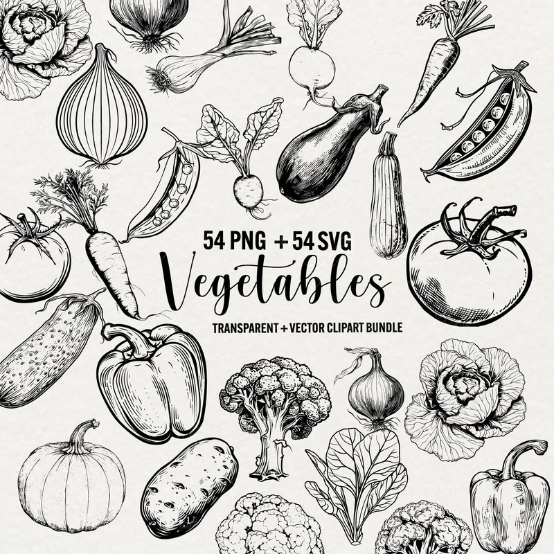 Black and White Vegetable Clipart - Etsy