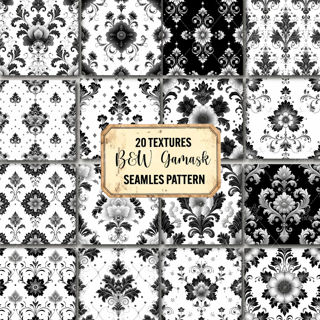 Black and White Damask Seamless Pattern, 20 Floral Digital Paper, Folk ...