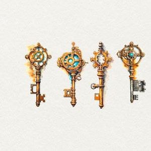 Steampunk Keys Clipart 20 PNG Fantasy Clipart Steampunk Key Watercolor ...