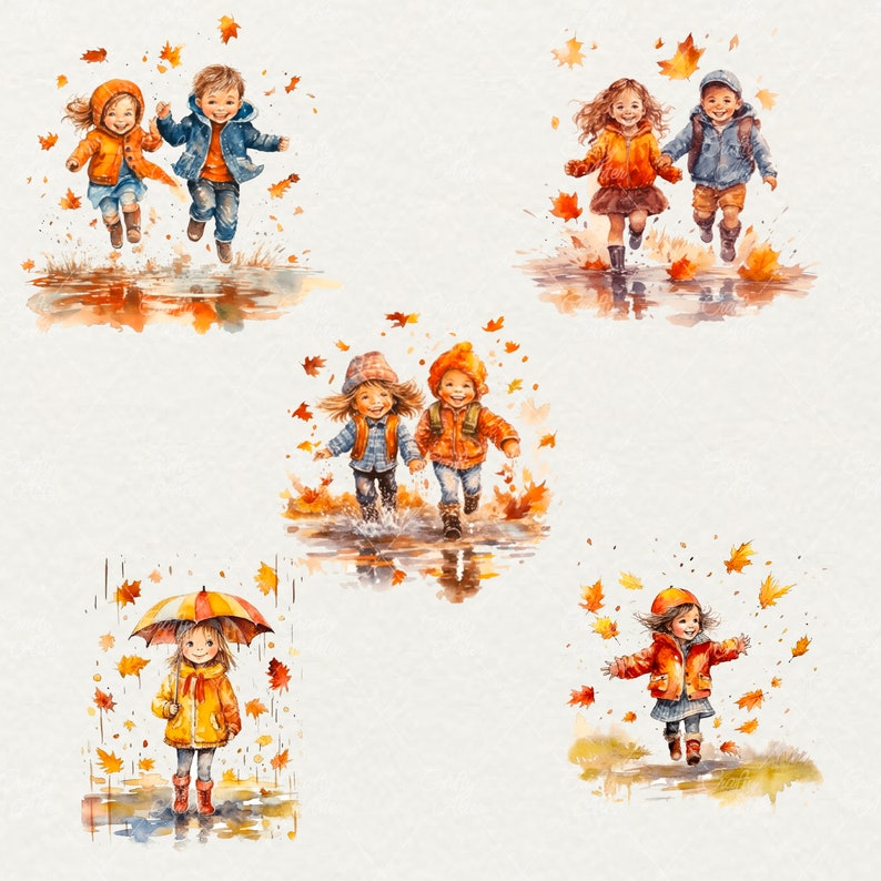 Watercolor Autumn Kids Clipart: Rainy Day PNG Set (commercial Use) - Etsy