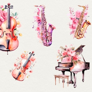 Watercolor Musical Instruments Clipart, Floral Music Clip Art, Pink ...